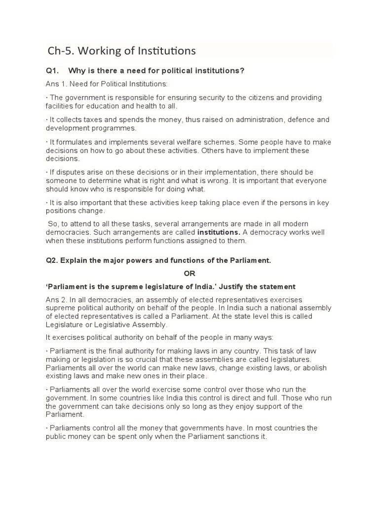 Working of Institution Class 9 Notes | PDF | Supreme Court Of India ...