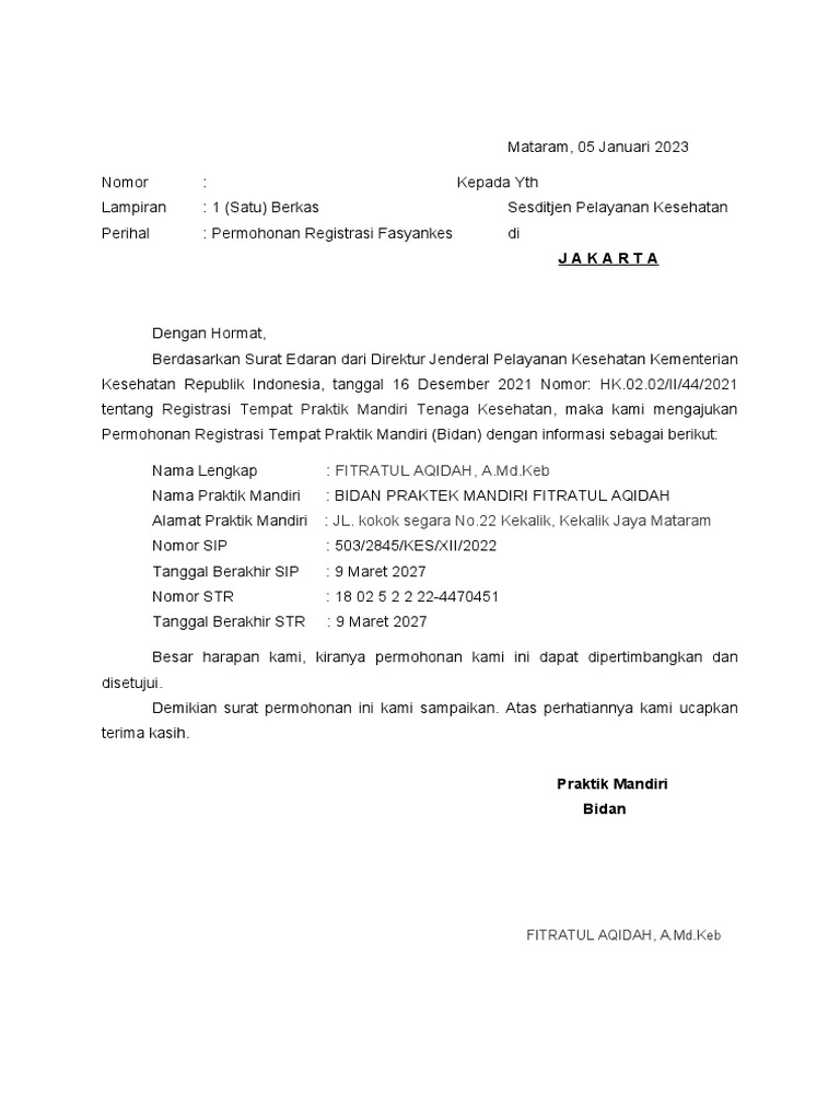 Surat Permohonan Registrasi Fasyankes | PDF