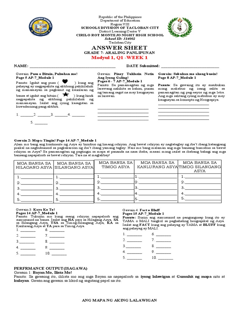 Q1answer Sheets Aral. Pan 7 Sy 2021-2022 | PDF