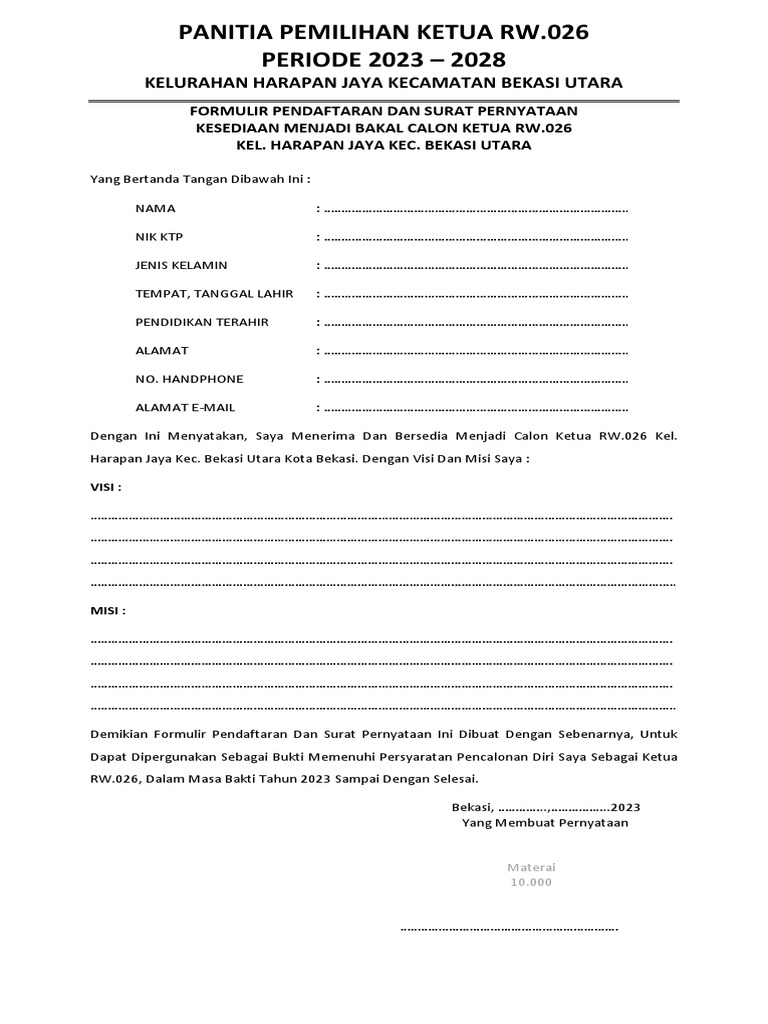 Formulir Pendaftaran Balon Ketua RW.026 | PDF
