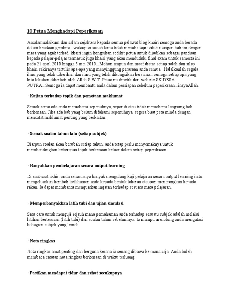 Doa dan Petua Peperiksaan Anak | PDF | Pengembangan Diri | Kesehatan ...