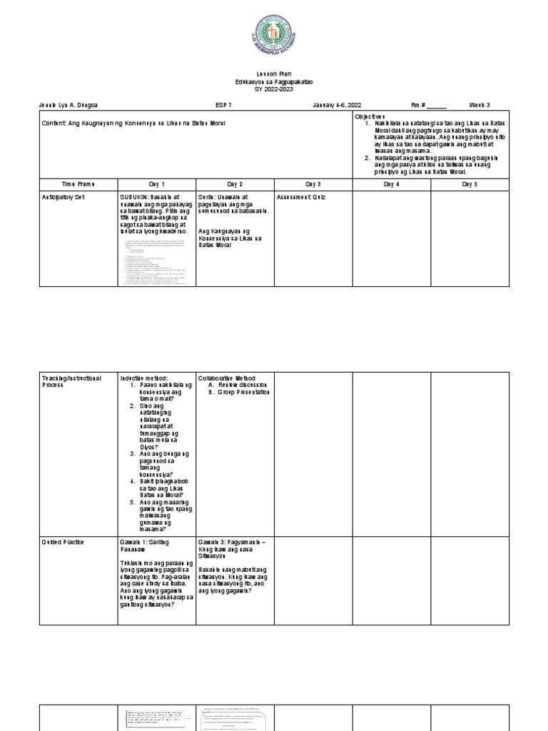 Lesson Plan ESP 7 Week 3 | PDF