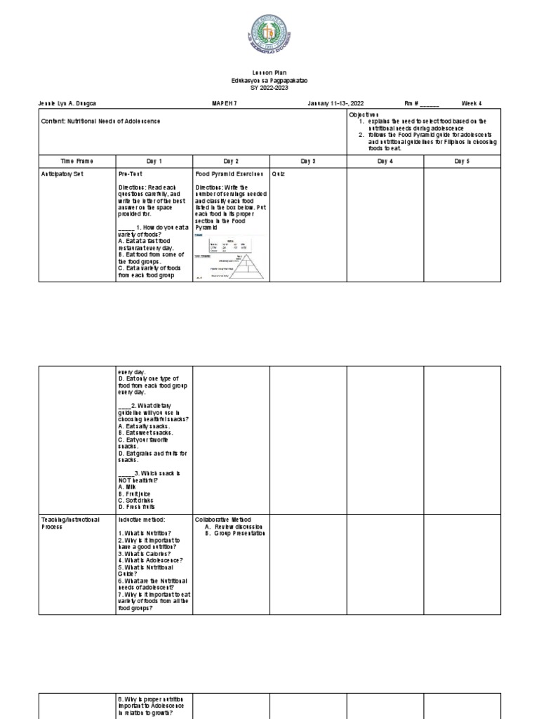 Lesson Plan MAPEH 7 Week 4 | PDF | Foods | Nutrition