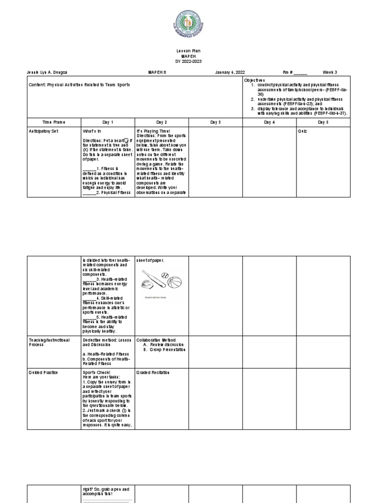 Lesson Plan MAPEH 8 Week 3 | PDF | Physical Fitness | Lesson Plan