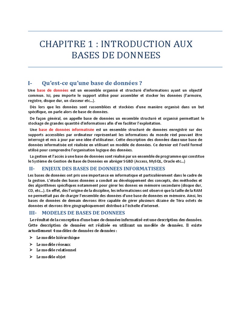Chapitre 1 Introduction Aux Bases de Donnees | PDF | Bases de données | Informatique