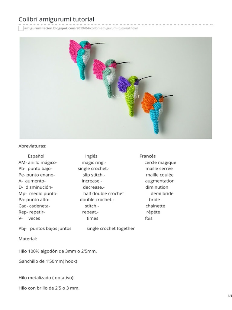 Amigurumi - Colibiri | PDF | Tejer | Arte popular