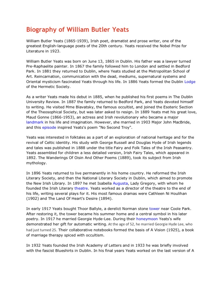 W.B. Yeats: A Brief Biography | PDF