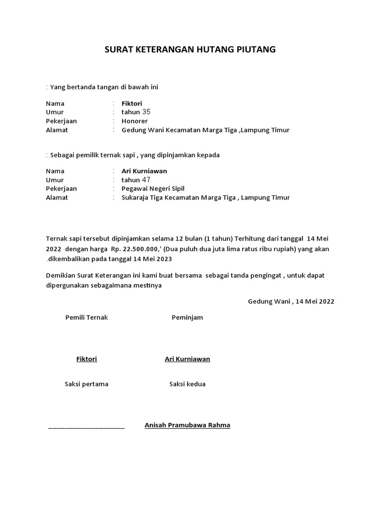 Surat Keterangan Hutang Piutang | PDF