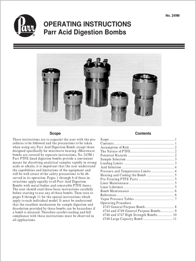 Operating Instructions Parr Acid Digestion Bombs: Scope | Download Free ...