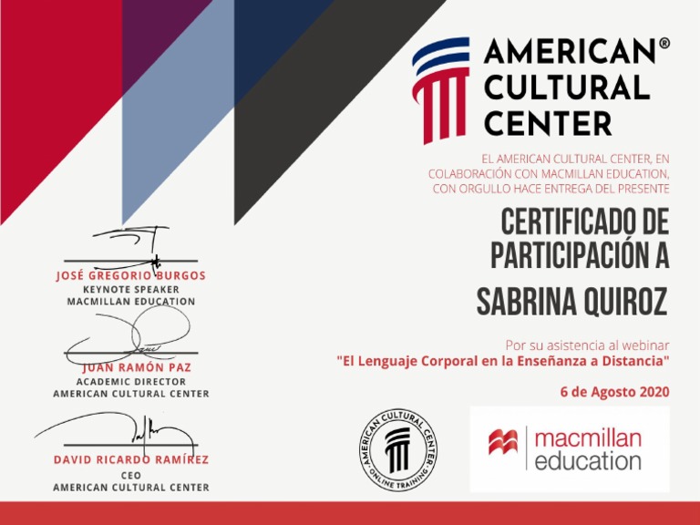 American Cultural Center - Certificado de Participación - Sabrina ...