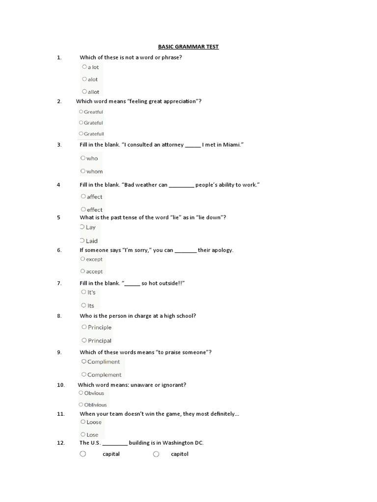 Basic Grammar Test - 1 | PDF