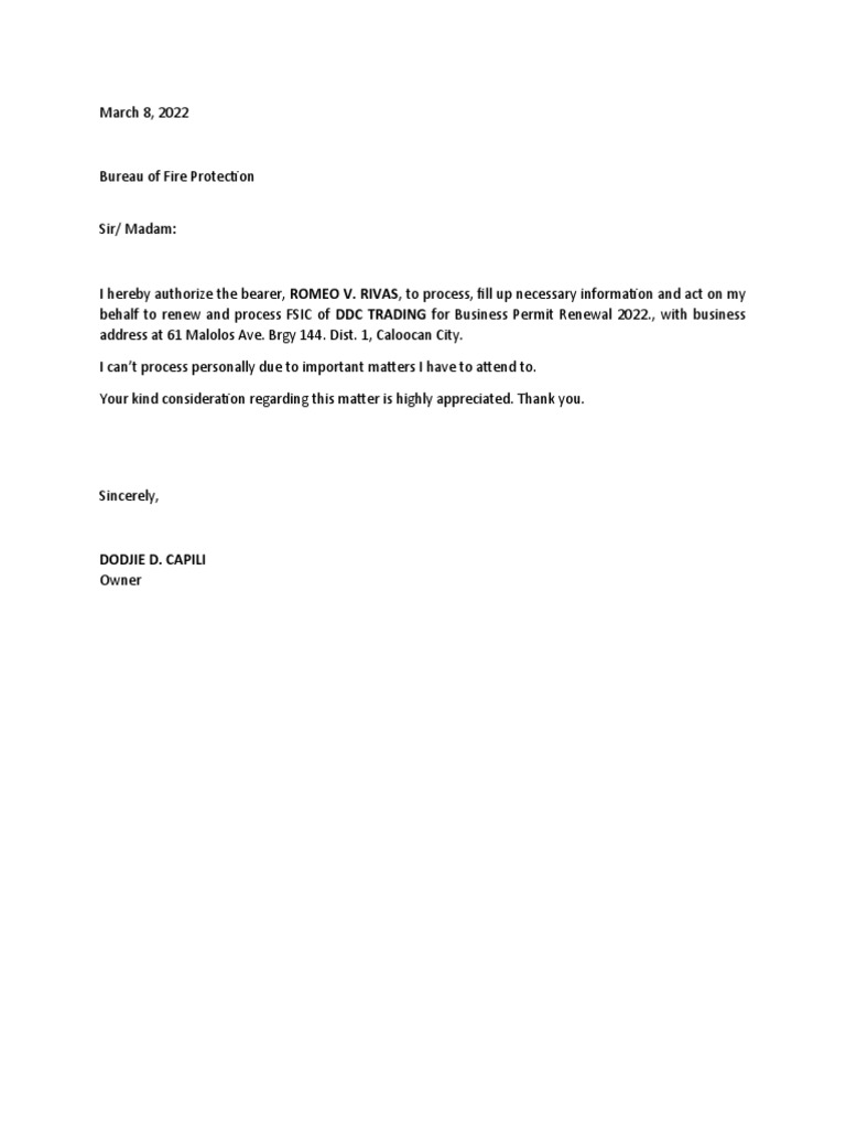 Authorization Letter - BFP - DDC Br10 | PDF