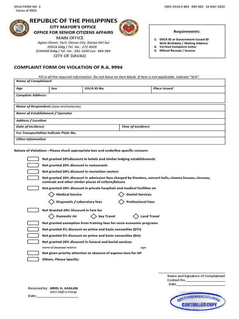 OSCA Form No. 3 Complaint Form | PDF
