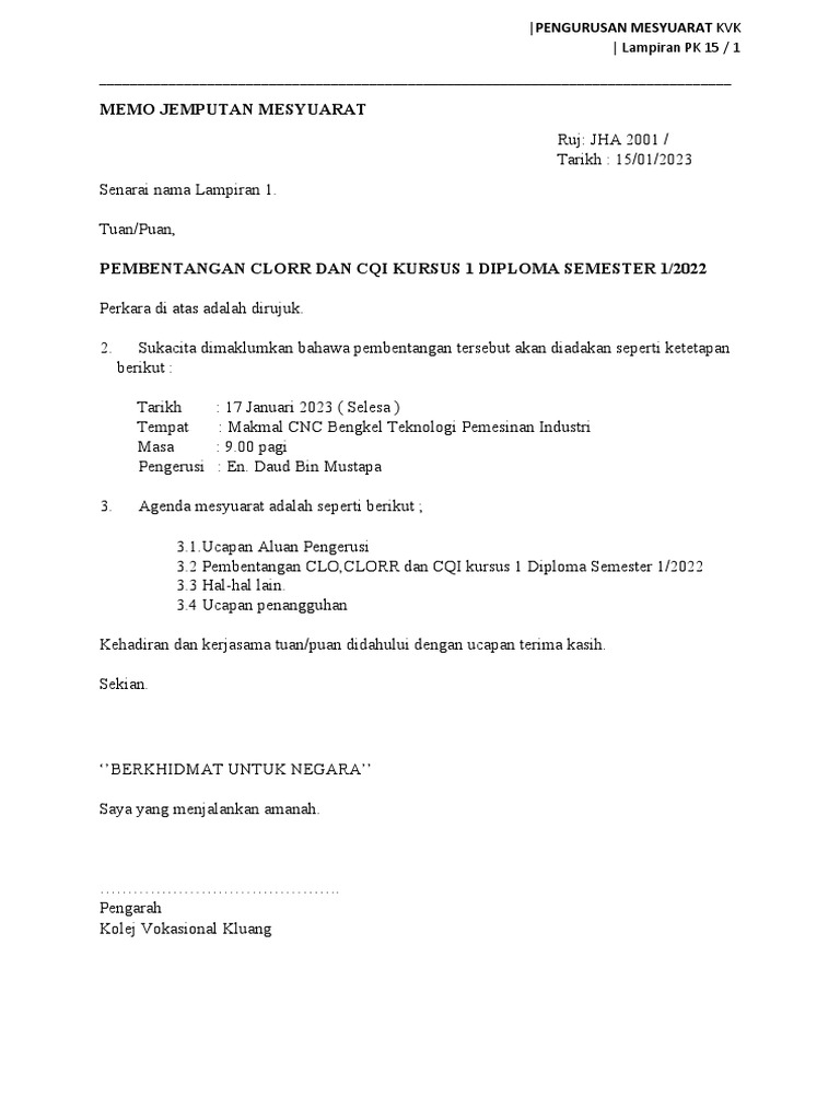 Memo Jemputan Mesyuarat Pembentangan Clo 2022 | PDF