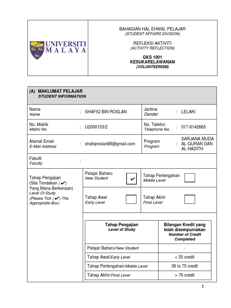 Gks1001 (Refleksi Aktiviti) Shafiq Bin Roslan (U2000153) | PDF