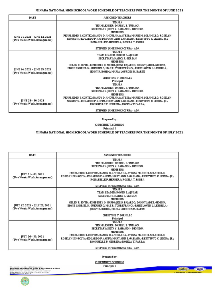 Minaba High School Teacher Schedule 2021-2022 | PDF