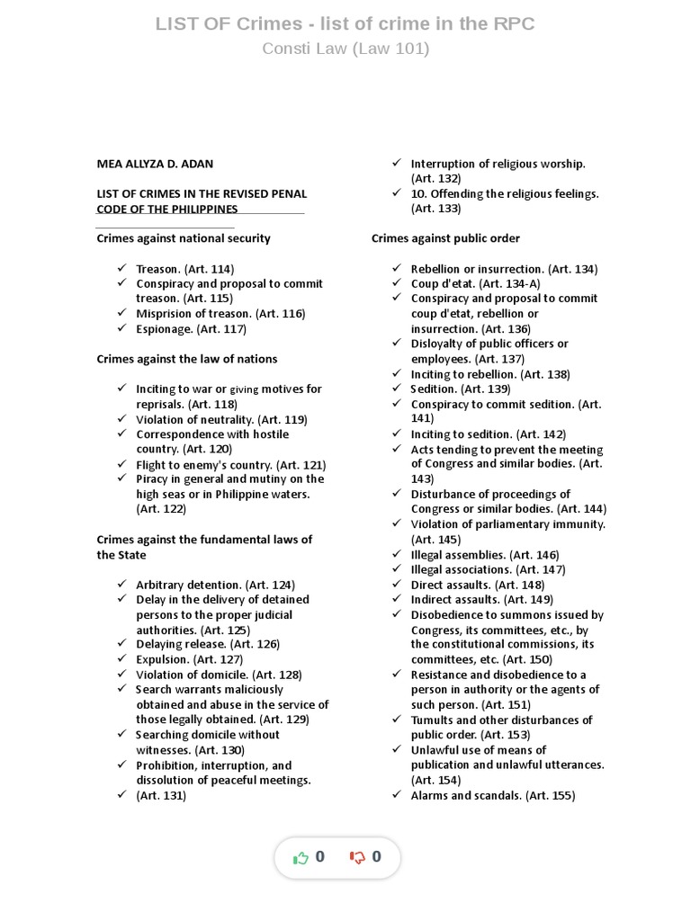 List of Crimes List of Crime in The RPC - Compress | PDF | Perjury ...