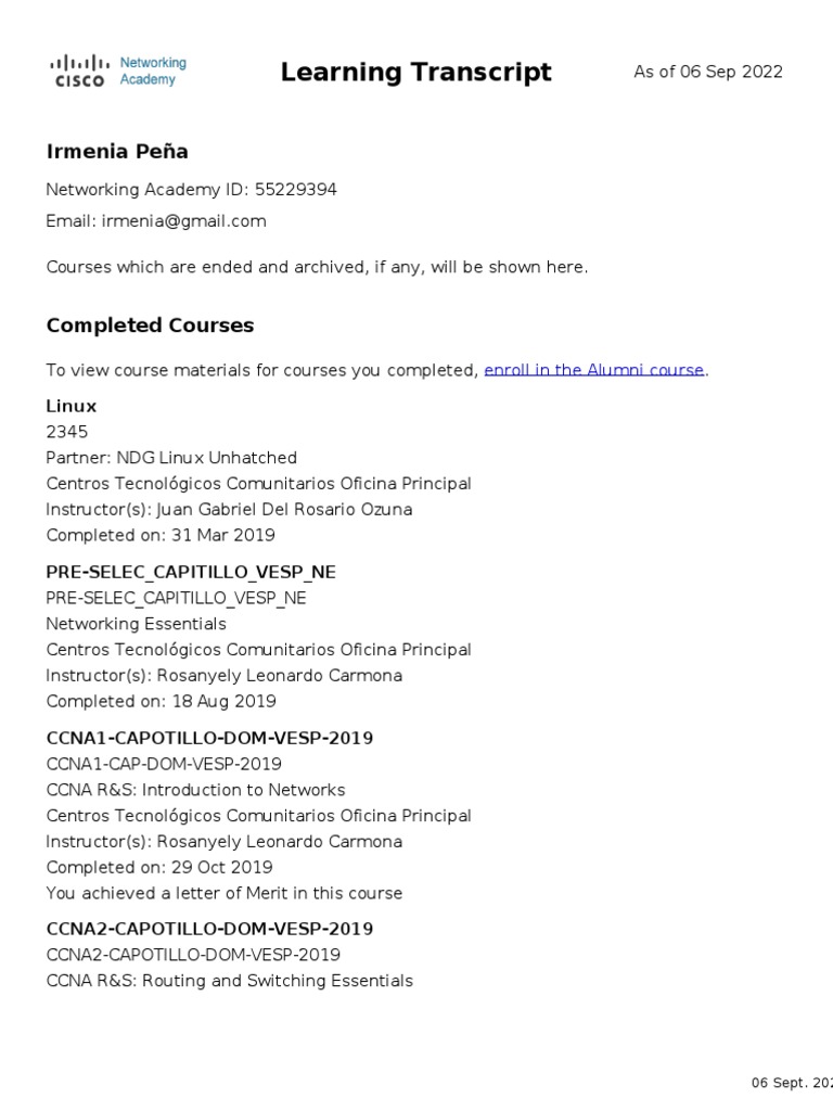 NetAcad Learning Transcript | PDF