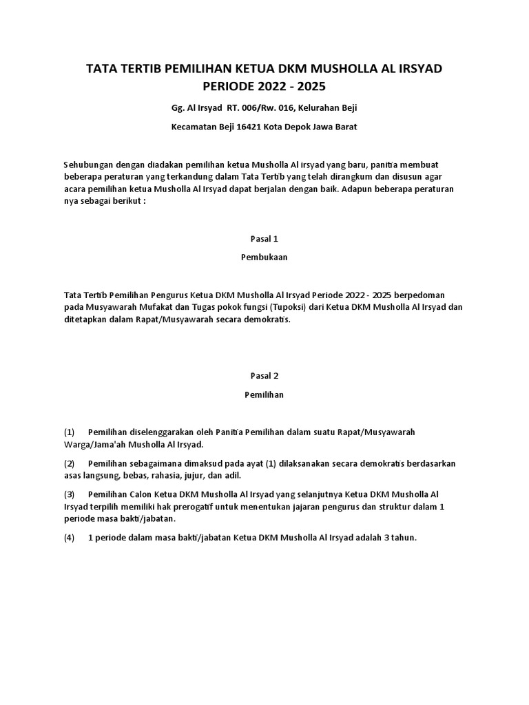 Tata Tertib Pemilihan Ketua DKM Musholla Al Irsyad Periode 2022 | PDF