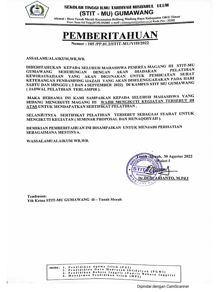 Surat Pemberitahuan Pelatihan | PDF