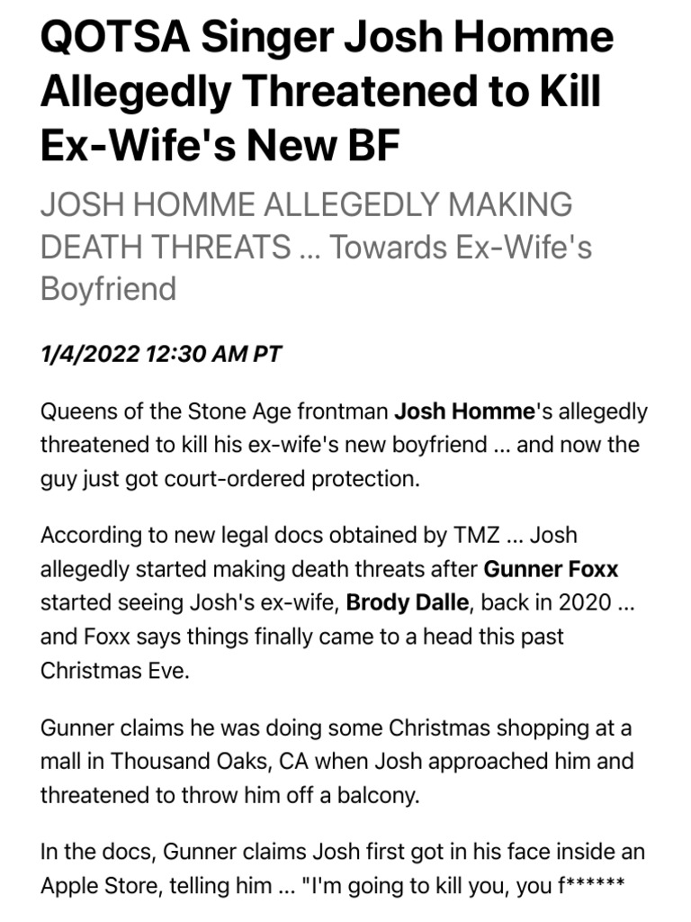 QOTSA Singer Josh Homme Allegedly Threatened To Kill Ex-Wife's New BF | PDF