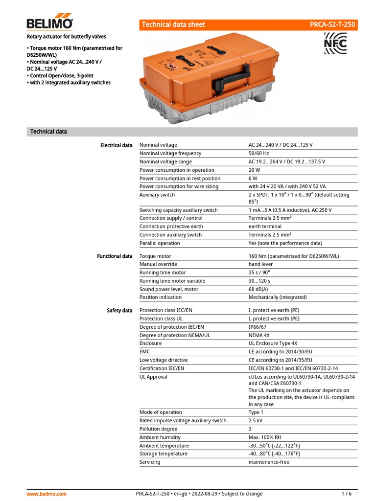 Belimo - PRCA S2 T 250 - Datasheet - en GB | PDF | Switch | Electric Motor