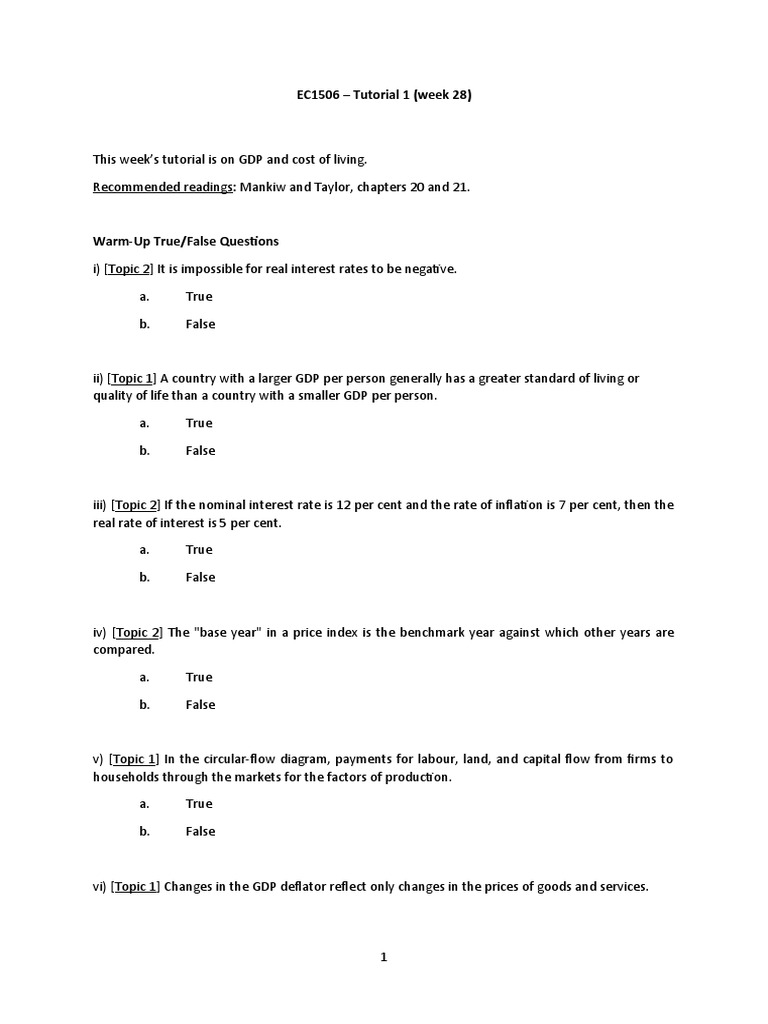 Tutorial 1 - Questions - Topic 1-2 | PDF | Cost Of Living | Gross Domestic Product