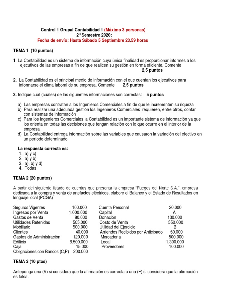Control 1 Contabilidad 1. 2° Semestre 2020 | PDF | Contabilidad | Business
