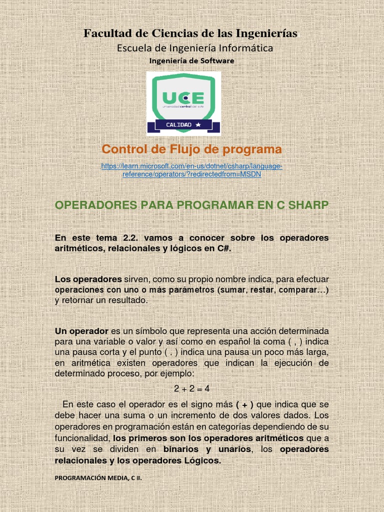 Control Flujo de Programa. Operadores y Expresiones en C# | PDF | C ...