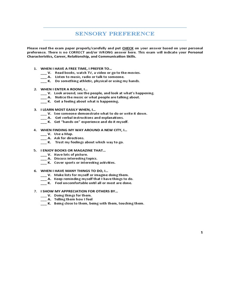 Sensory Preference | Download Free PDF | Cognition | Communication