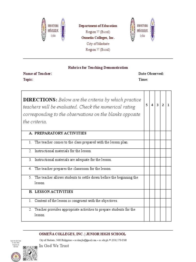 Teaching Demonstration Rubrics 2025 | PDF | Teachers | Teaching Method