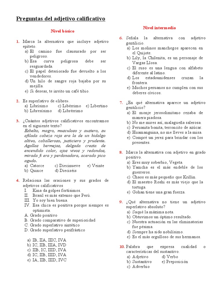 19 Enero Preguntas de Adjetivo 2do Sec | PDF | Adjetivo | Sintaxis