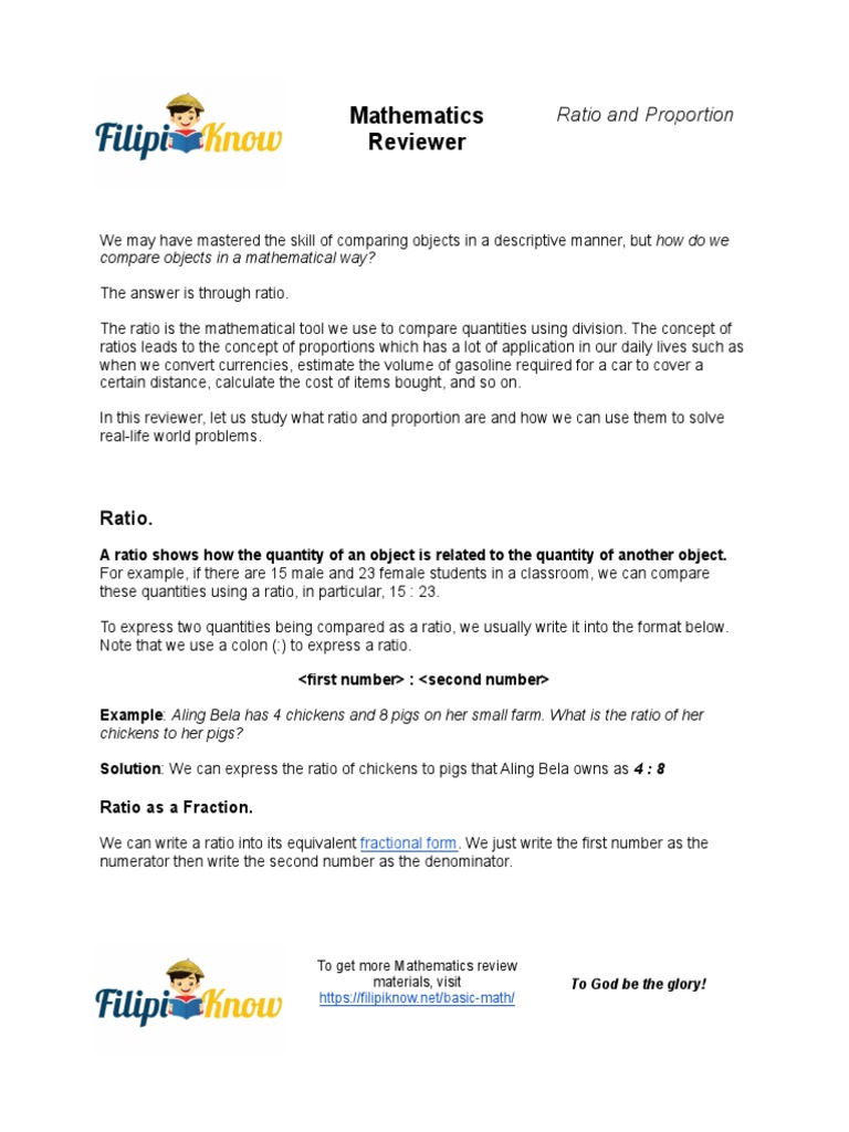 Ratio and Proportion Reviewer | PDF | Ratio | Multiplication