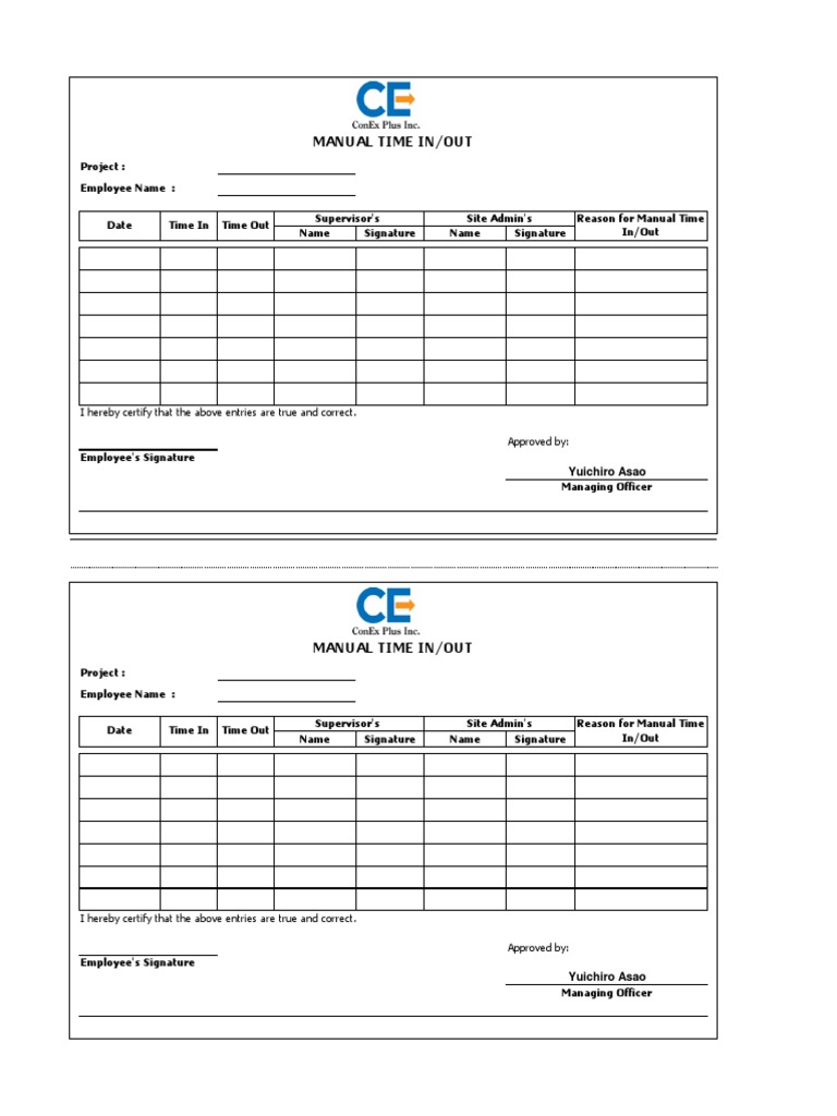 Manual Time In/Out Certification Form | PDF