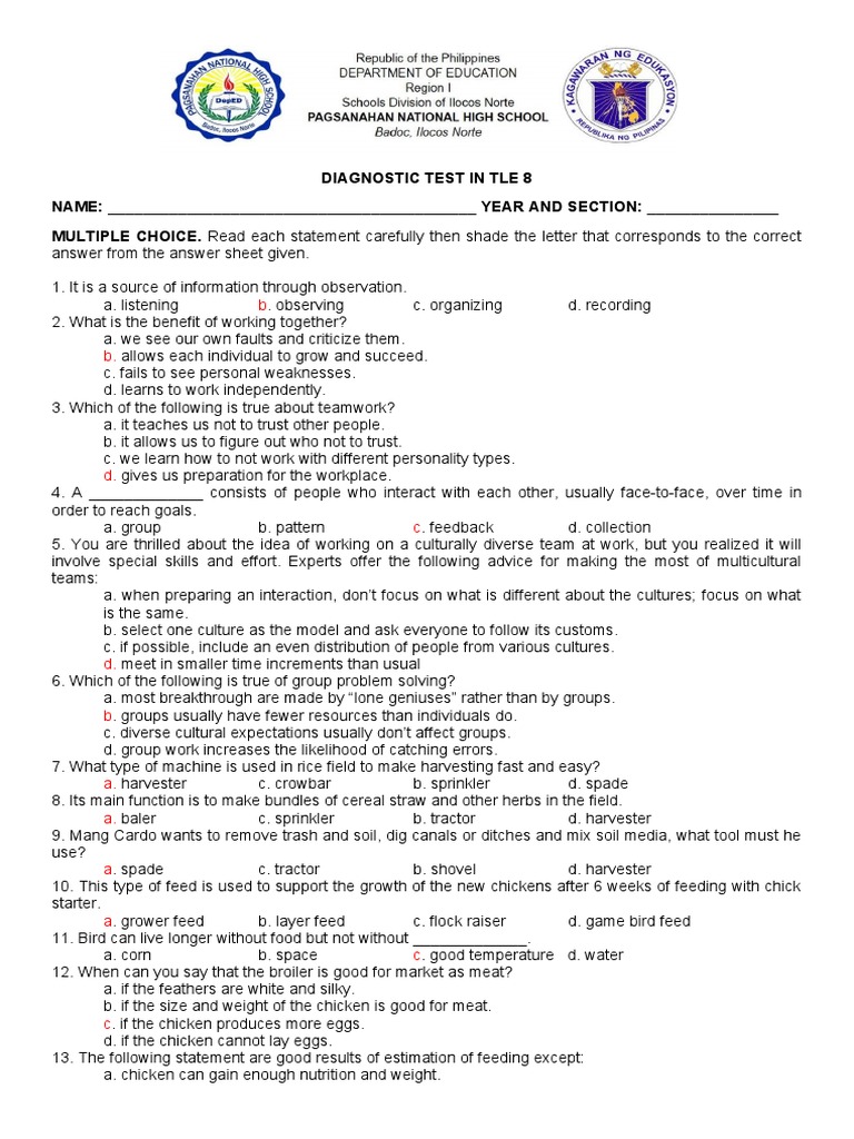 DIAGNOSTIC TEST IN TLE 8 - Answer Key | PDF | Foods | Drawing