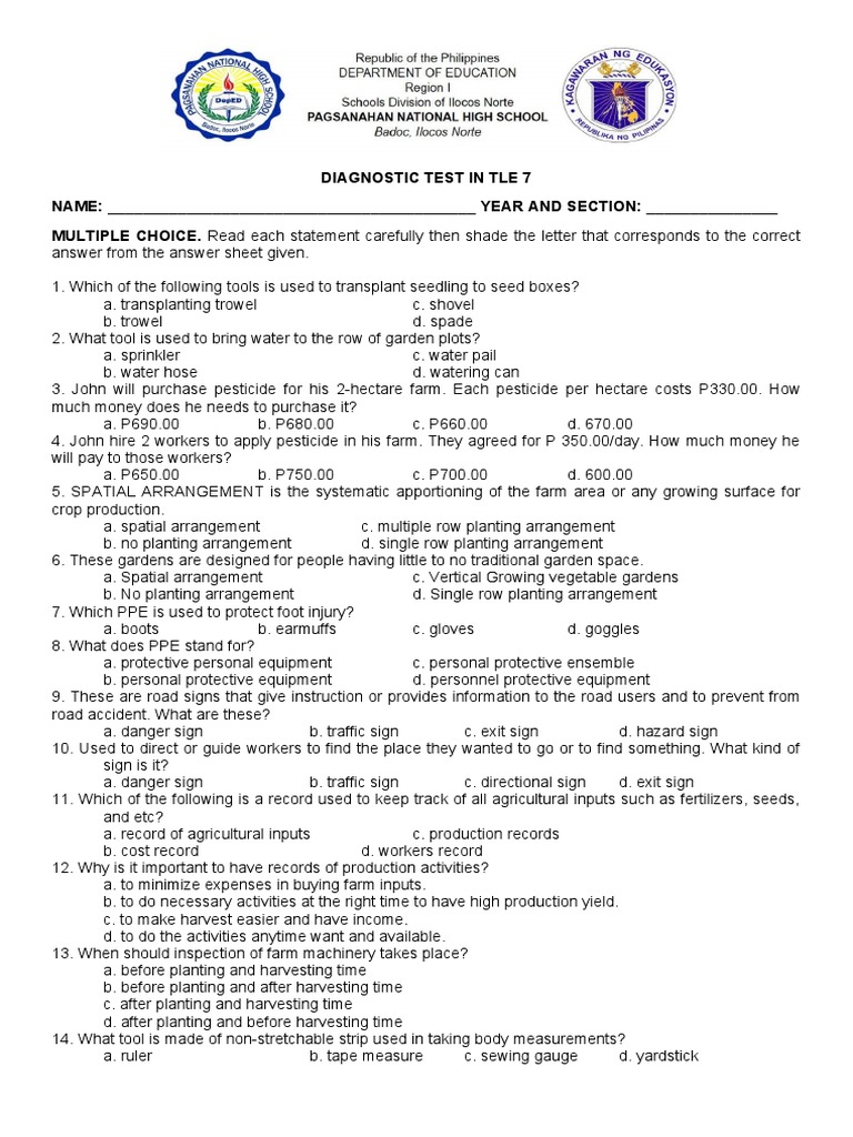 Grade 7 TLE Diagnostic Test with Answers | PDF | Sewing Machine | Sewing