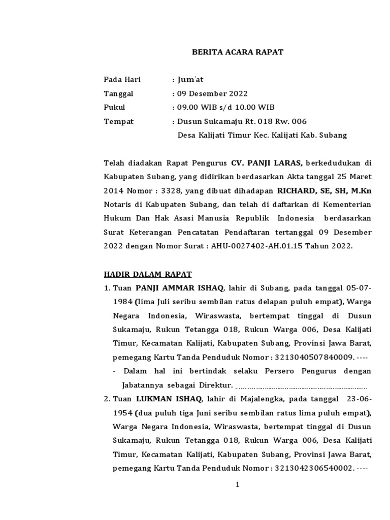 BERITA ACARA RAPAT CV. Panji Laras TTD | PDF | Teknologi & Rekayasa
