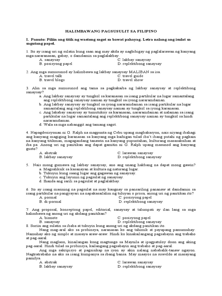 Halimbawang Pagsusulit Sa Filipino | PDF