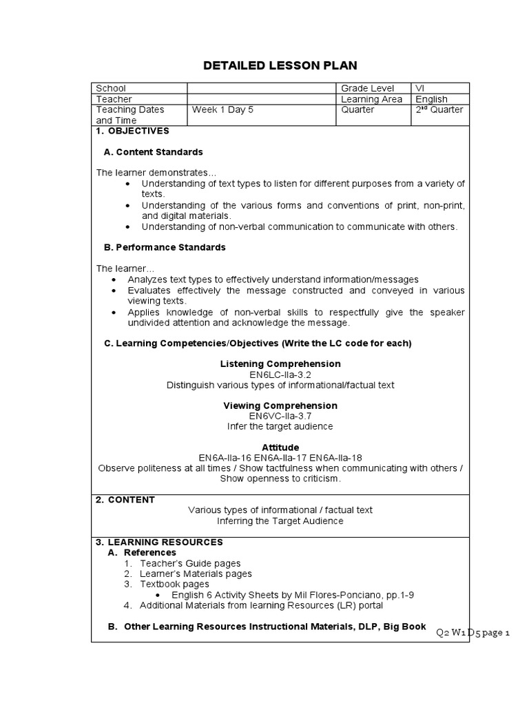 Detailed Lesson Plan | PDF | Learning | Reading Comprehension