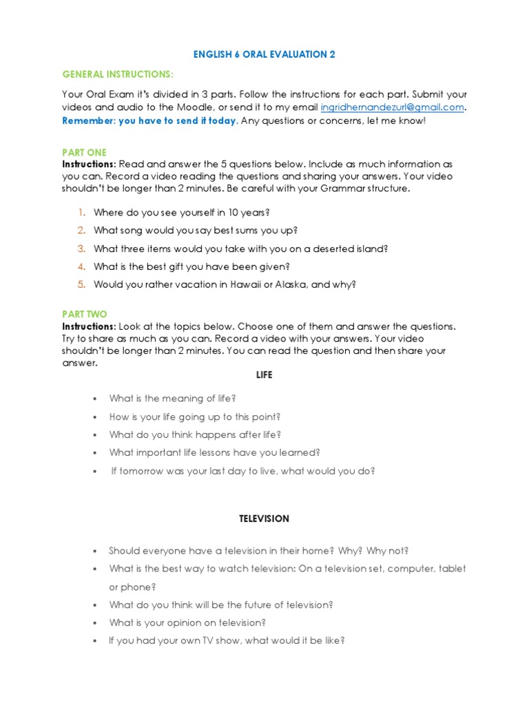 English 6 Oral Evaluation 2 | PDF
