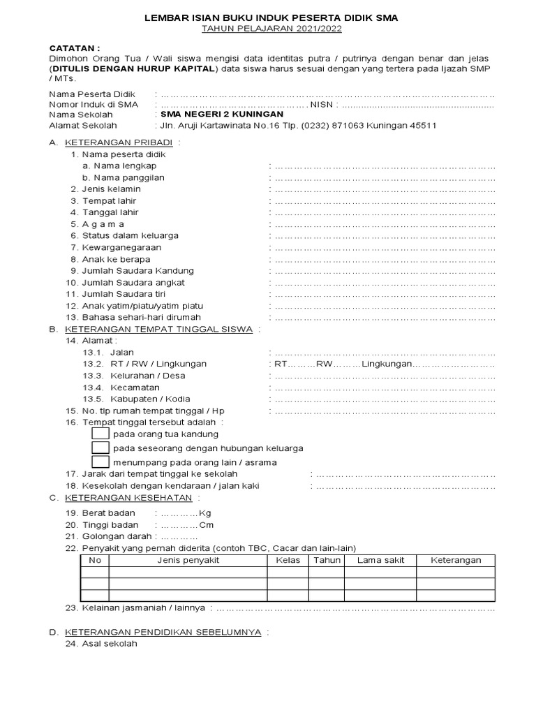 Lembar Isian Buku Induk Peserta Didik | PDF