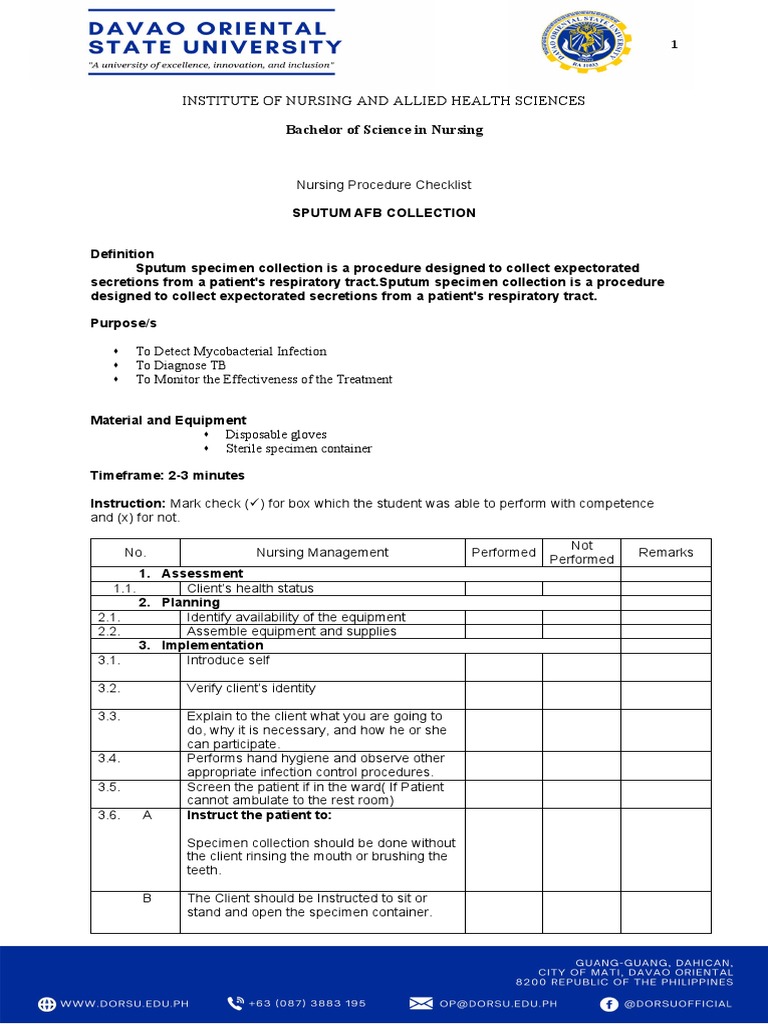 Sputum AFB Collection Procedure Guide | PDF | Diseases And Disorders ...