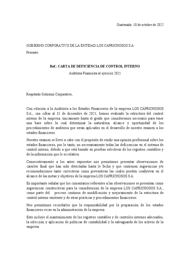 Guatemala. 10 de Octubre de 2022: Ref.: Carta de Deficiencia de Control Interno | PDF ...