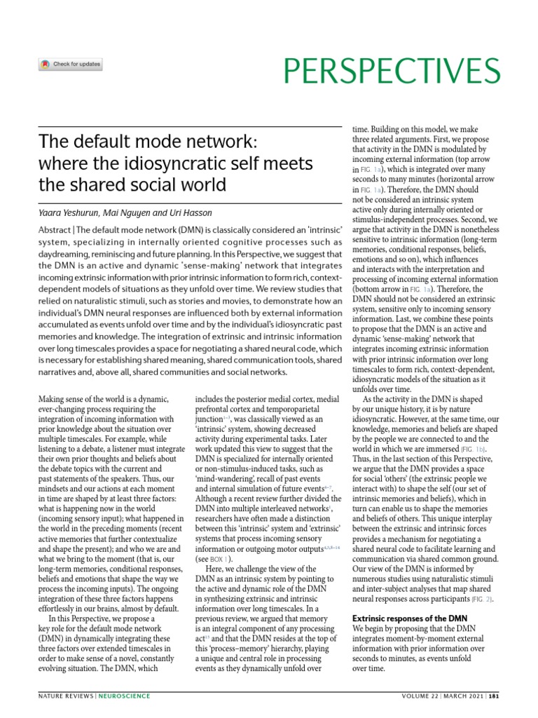 Perspectives: The Default Mode Network: Where The Idiosyncratic Self ...