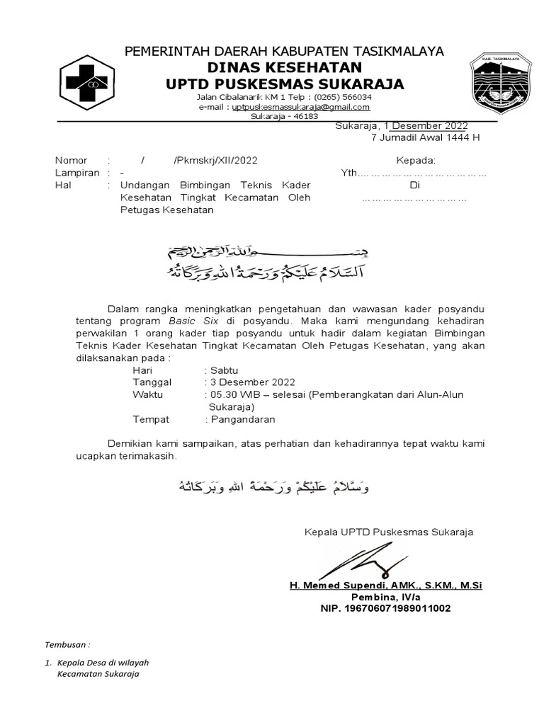 Surat Undangan Bimtek Kader Kesehatan 2022 | PDF