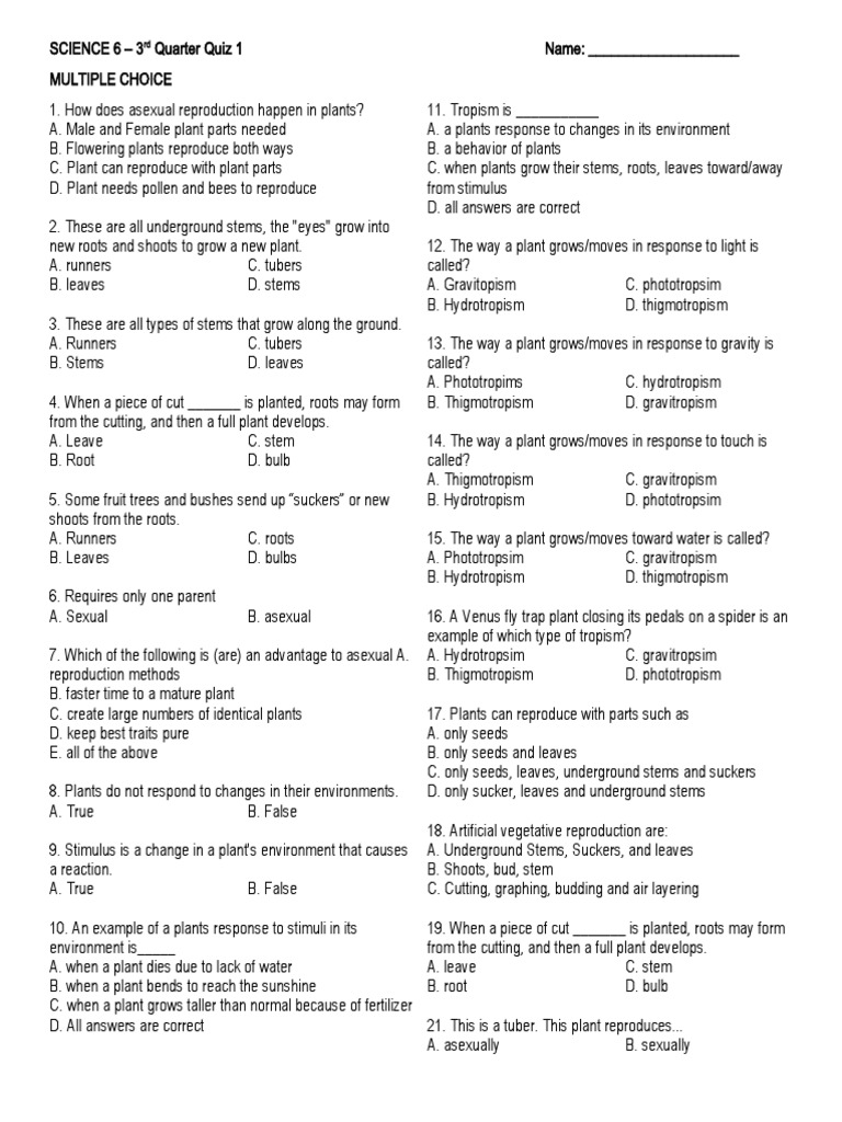 SCIENCE 6 3rd Quarter Q1 Answer Key | PDF | Reproduction | Plant ...