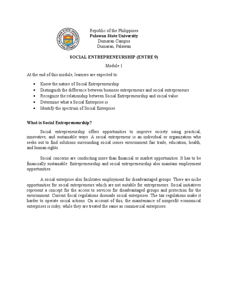 ENTRE 9-Social Entrepreneurship Module 1 | PDF | Entrepreneurship ...