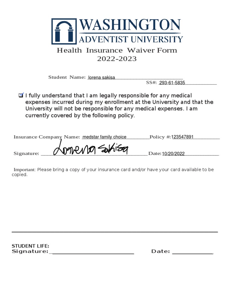Health Insurance Waiver Form 2022-2023 Fillable | PDF