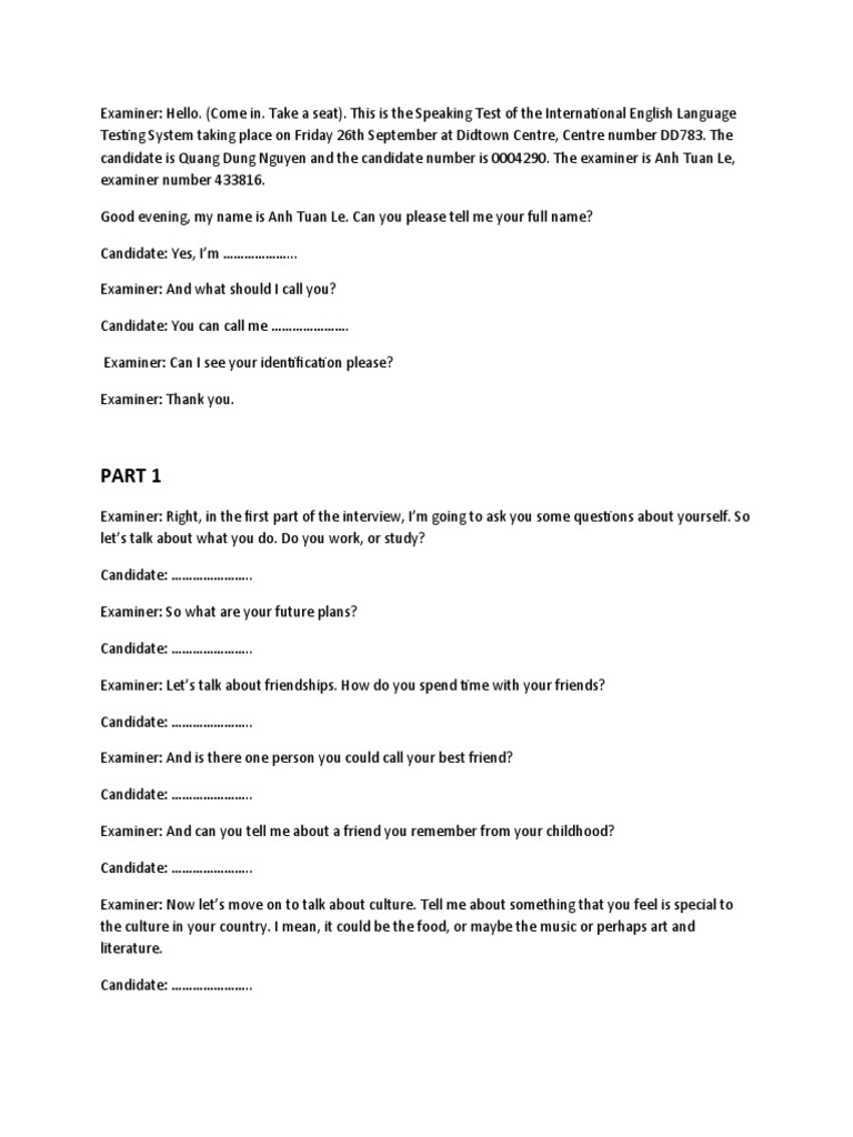 IELTS Speaking Test Script | PDF
