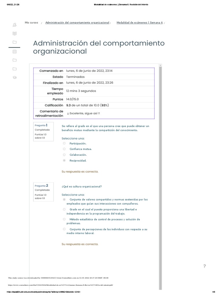Modalidad de Ex Menes Semana 6 Revisi N Del Intento PDF | PDF | Comportamiento organizacional ...
